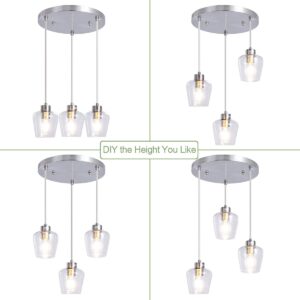 TeHenoo 3-Light Pendant Lighting, Clear Glass,Adjustable Cord,Brushed Nickel Pendant Light Fixtures for Kitchen,Dining Room,Bar