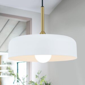 bisamiya 1-light modern pendant lights, brass accent hanging light fixture with 12.6" matte white metal shade, adjustable height, for kitchen island, dining room, hotel, coffee shop