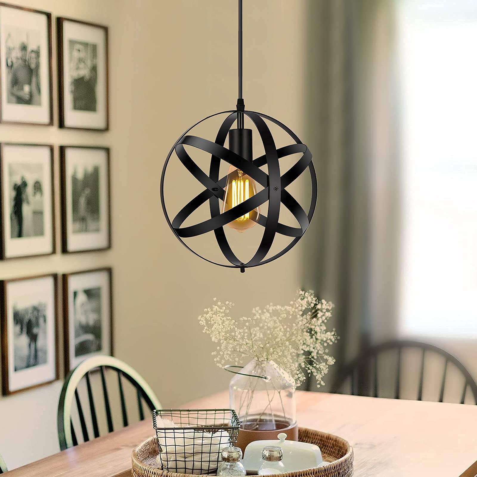 Crybeno Industrial Black Pendant Light, Vintage Spherical Pendant Light Fixtures, Metal Globe Hanging Lamp Light Fixture, Changeable Pendant Lighting for Kitchen Island Bedroom Dining Room Farmhouse