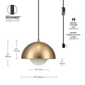 Globe Electric 65696 Amelia 1-Light Plug-in Pendant Lighting, Matte Brass, Frosted Glass Shade, Bulb Not Included