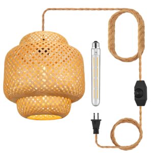 yiizon plug in pendant light hanging lamp with handmade bamboo lampshade dimmer switch boho modern rustic country natural basket hanging light with plug in cord