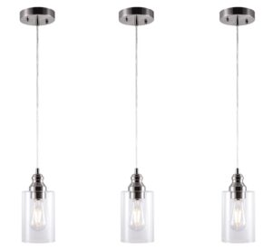 yaokuem pendant lighting fixture, hanging ceiling lights with e26 medium base, metal construction with clear glass, bulbs not included, nickel, 3-pack