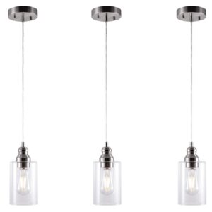 YaoKuem Pendant Lighting Fixture, Hanging Ceiling Lights with E26 Medium Base, Metal Construction with Clear Glass, Bulbs not Included, Nickel, 3-Pack