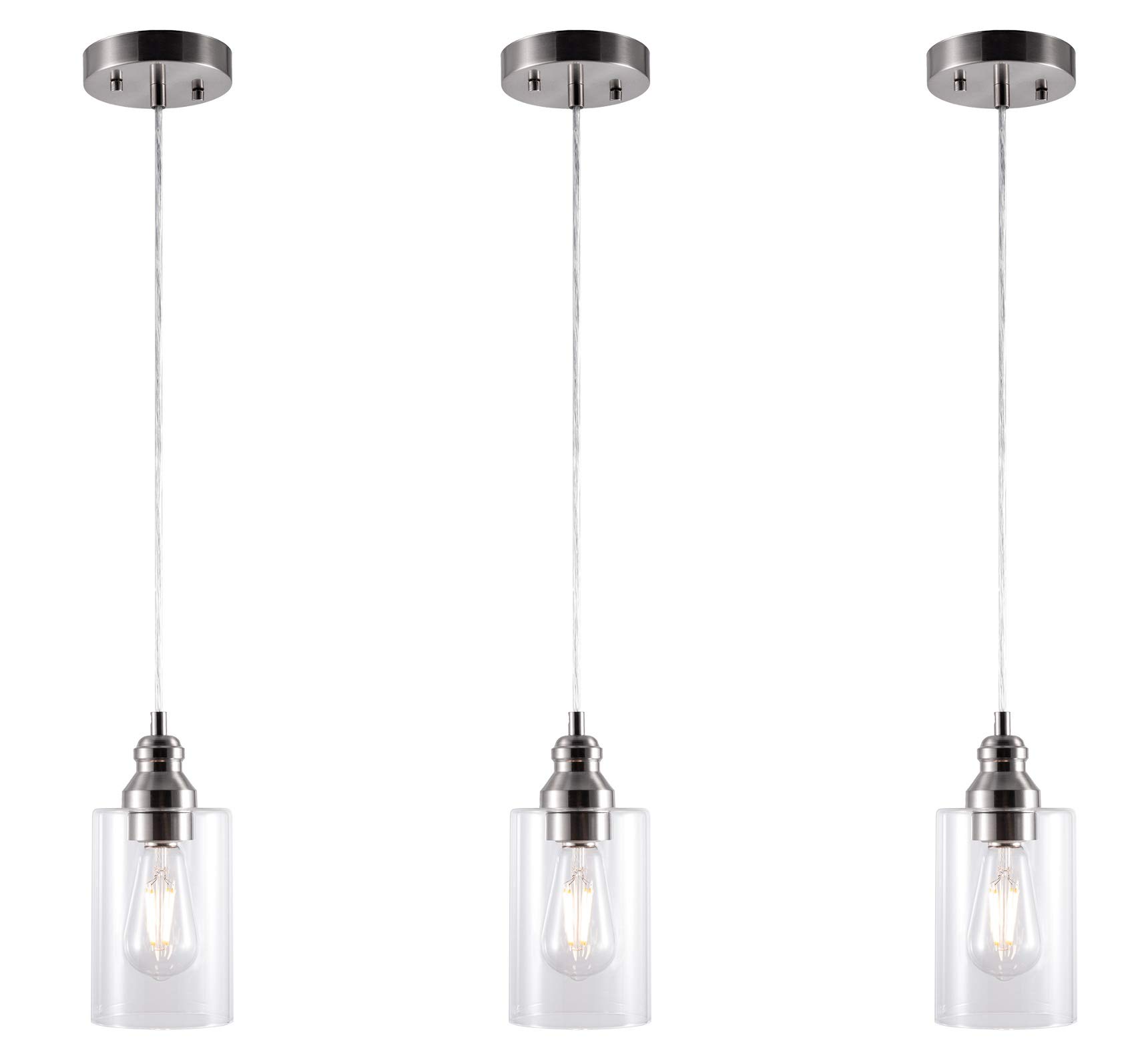 YaoKuem Pendant Lighting Fixture, Hanging Ceiling Lights with E26 Medium Base, Metal Construction with Clear Glass, Bulbs not Included, Nickel, 3-Pack