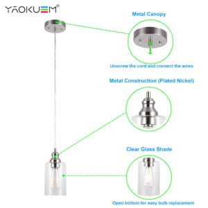 YaoKuem Pendant Lighting Fixture, Hanging Ceiling Lights with E26 Medium Base, Metal Construction with Clear Glass, Bulbs not Included, Nickel, 3-Pack