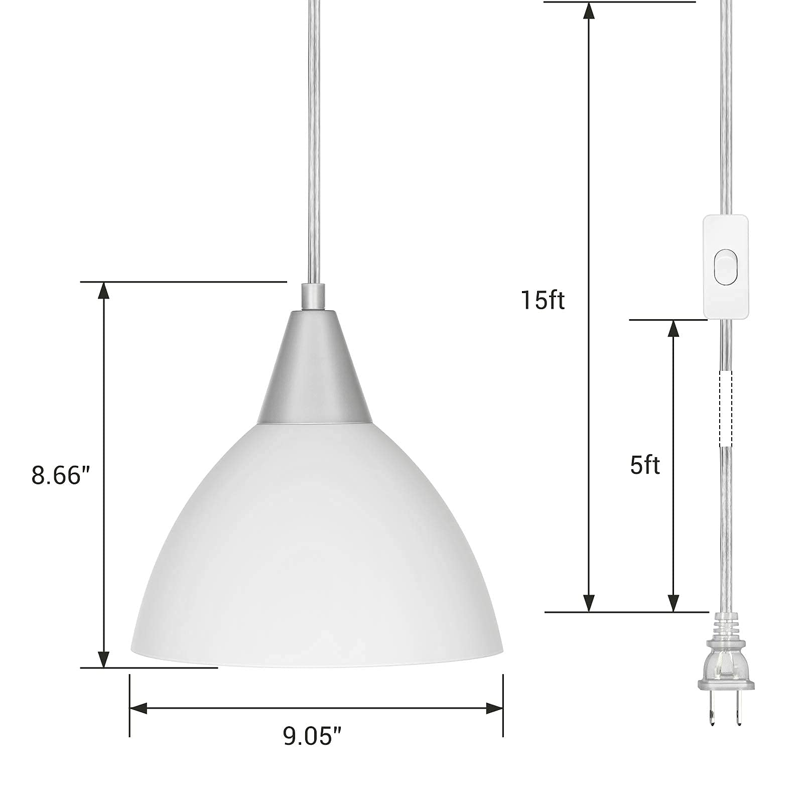 DEWENWILS Plug in Pendant Light, Hanging Light with 15Ft Clear Cord, On/Off Switch, Frosted Plastic White Shade, Hanging Ceiling Light for Living Room, Bedroom, Dining Hall, Pack of 2