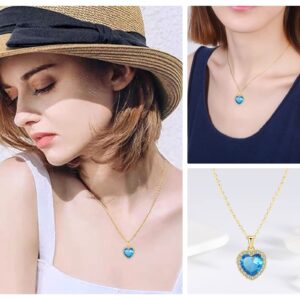 VONSSY Classic Heart Pendant Gemstone Necklace | Crystal Birthstone Necklace| 18K Platinum Gold Plated Chain | Vintage Meaningful Jewelry Gift for Mother Wife Girlfriend (Light Sapphire Blue-Gold)