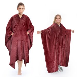 poncho blanket comfy plush fleece wearable blanket for adult women men kids throw wrap cover indoors or outdoors, 55''x 80'' wine