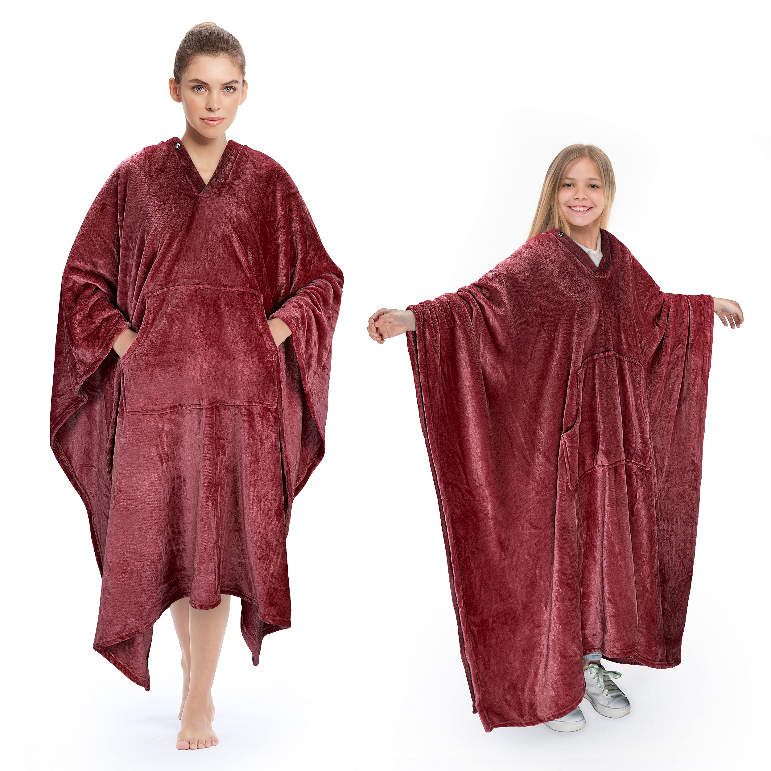 Poncho Blanket Comfy Plush Fleece Wearable Blanket for Adult Women Men Kids Throw Wrap Cover Indoors or Outdoors, 55''x 80'' Wine