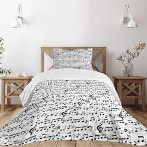 ambesonne music bedspread, abstract style professional music pattern with notes and clef sheet play writing, decorative quilted 2 piece coverlet set with pillow sham, twin size, white dark grey