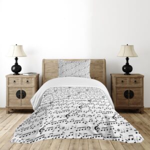 Ambesonne Music Bedspread, Abstract Style Professional Music Pattern with Notes and Clef Sheet Play Writing, Decorative Quilted 2 Piece Coverlet Set with Pillow Sham, Twin Size, White Dark Grey