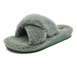 olukai hila heu women's slipper, women's slip-on shoes, genuine shearling, wet grip soles for inside & outside wear, cute & ultra-soft comfort fit, muted green/muted green, 9