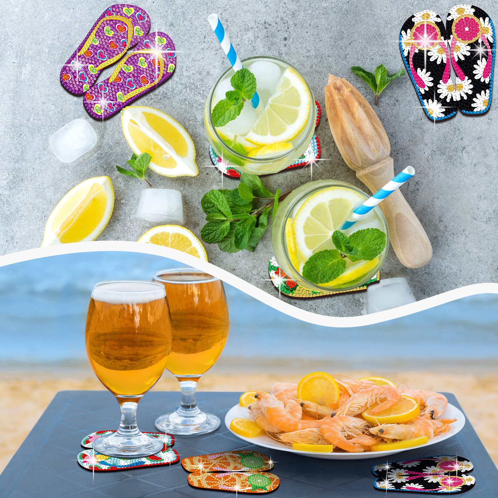 Shellwei 8 Pcs Flip Flop Diamond Art Coasters Summer Diamond Painting Coasters with Holder Hawaii Diamond Coasters Tropical Beach Diamond Coasters for Crafts Beginner Adults Kids Party Gift