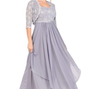 R&M Richards Long Mother of The Bride Formal Dress| Sleeveless with Matching 3/4 Sleeve Lace Jacket | Perfect for Formal, Evening Party Or Any Other Special Occasion Silver 12