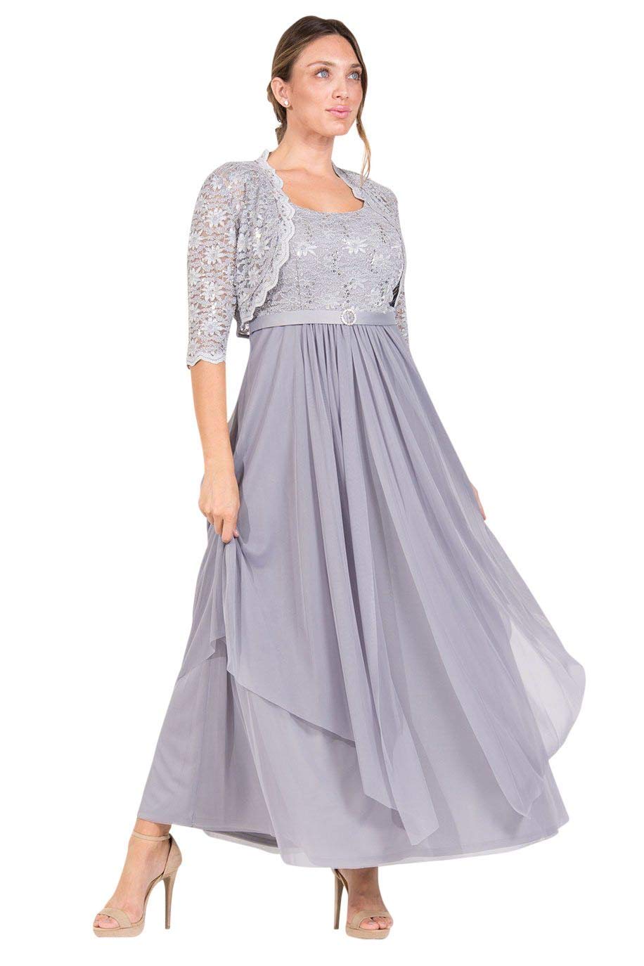 R&M Richards Long Mother of The Bride Formal Dress| Sleeveless with Matching 3/4 Sleeve Lace Jacket | Perfect for Formal, Evening Party Or Any Other Special Occasion Silver 12