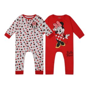 disney minnie mouse girls’ 2 pack long sleeve bodysuit coverall for newborn and infant – red/white