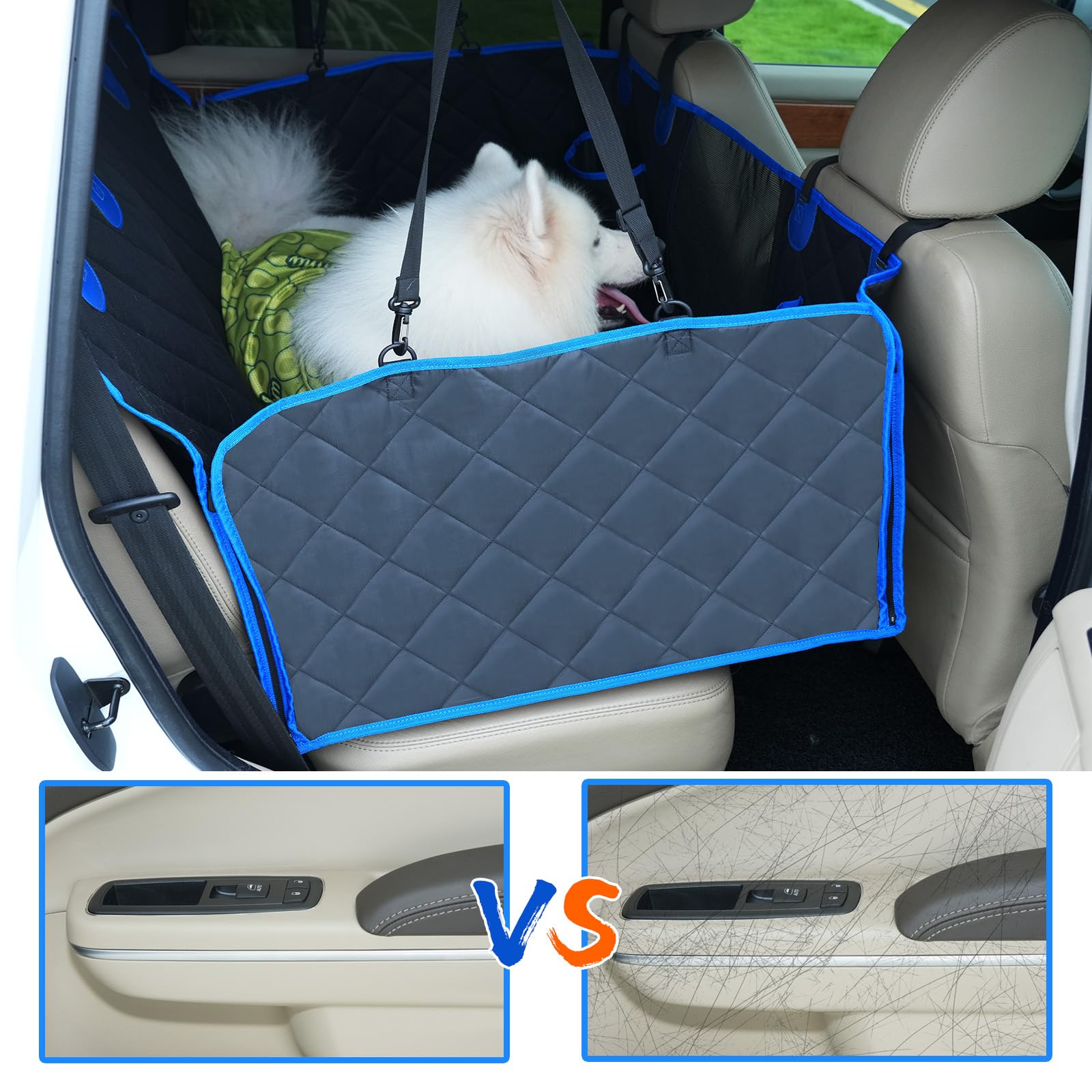 H HOH-Tech Back Seat Extender for Dogs,Hard Bottom Dog Car Seat Cover for Back Seat Bed,Anti-Scratch Dog Hammock for Car Travel,Backseat Portable Car Camping Pad for SUV Truck (Blue)