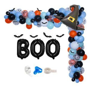 blue halloween balloon garland, blue, orange, black balloon arch with boo, hat foil balloon, bat sticker for halloween boys birthday, baby shower, happy boo day, halloween gender reveal