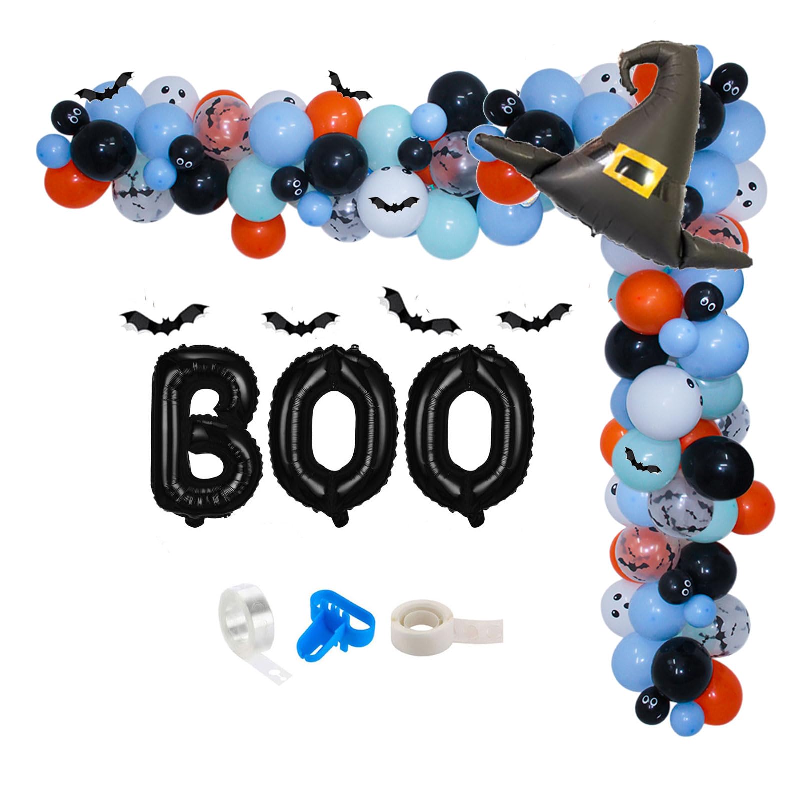 Blue Halloween Balloon Garland, Blue, Orange, Black Balloon Arch with BOO, Hat Foil Balloon, Bat Sticker for Halloween Boys Birthday, Baby Shower, Happy Boo Day, Halloween Gender Reveal