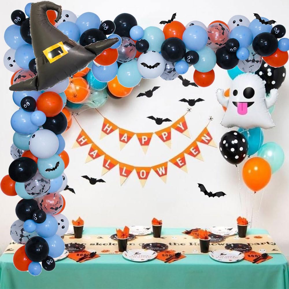 Blue Halloween Balloon Garland, Blue, Orange, Black Balloon Arch with BOO, Hat Foil Balloon, Bat Sticker for Halloween Boys Birthday, Baby Shower, Happy Boo Day, Halloween Gender Reveal