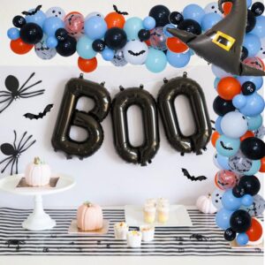 Blue Halloween Balloon Garland, Blue, Orange, Black Balloon Arch with BOO, Hat Foil Balloon, Bat Sticker for Halloween Boys Birthday, Baby Shower, Happy Boo Day, Halloween Gender Reveal