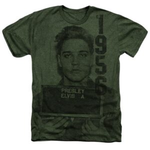 elvis presley army mug shot rock 'n' roll unisex adult sublimated heather t shirt, military green, large