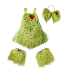 toddler baby girl christmas heart faux green fur costume tulle tutu romper dress with green fuzzy fur leg warmers socks green headband princess party xmas holiday outfit clothes green red 4pcs 12-18 months