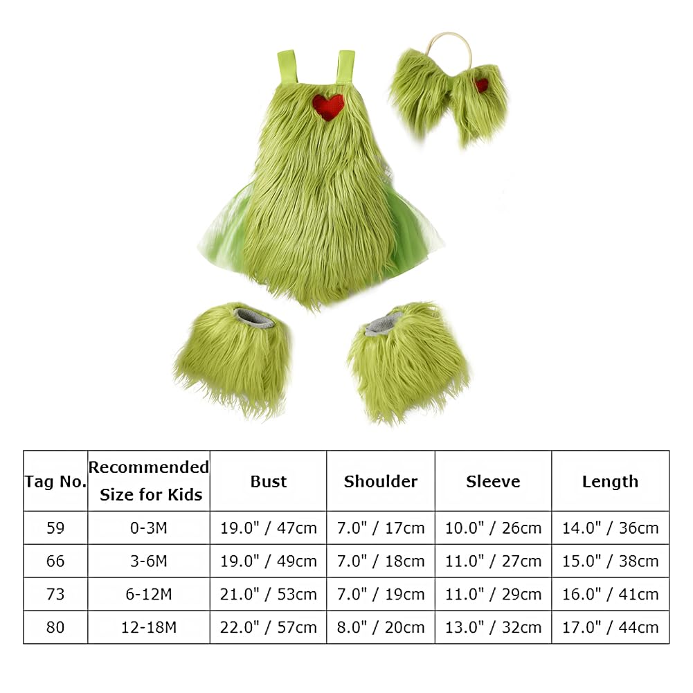 Toddler Baby Girl Christmas Heart Faux Green Fur Costume Tulle Tutu Romper Dress with Green Fuzzy Fur Leg Warmers Socks Green Headband Princess Party Xmas Holiday Outfit Clothes Green Red 4PCS 12-18 Months