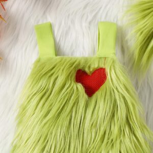 Toddler Baby Girl Christmas Heart Faux Green Fur Costume Tulle Tutu Romper Dress with Green Fuzzy Fur Leg Warmers Socks Green Headband Princess Party Xmas Holiday Outfit Clothes Green Red 4PCS 12-18 Months