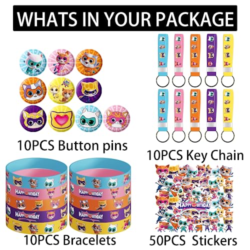 desmilo Super Cat Birthday Party Supplies,80pcs Super Cat Birthday Party Favors Includes 10 Cute Kitties Party Decorations Bracelets, 10 Cute Kitties Keychains, 10 Badge and 50 Stickers