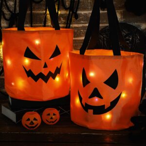 Yaomiao 4 Pcs LED Light Halloween Trick or Treat Bags Halloween Candy Bags Light Up Goodie Bags Light Up Candy Bags Multipurpose Reusable Goody Bucket for Kids Halloween Party Supplies (Orange)