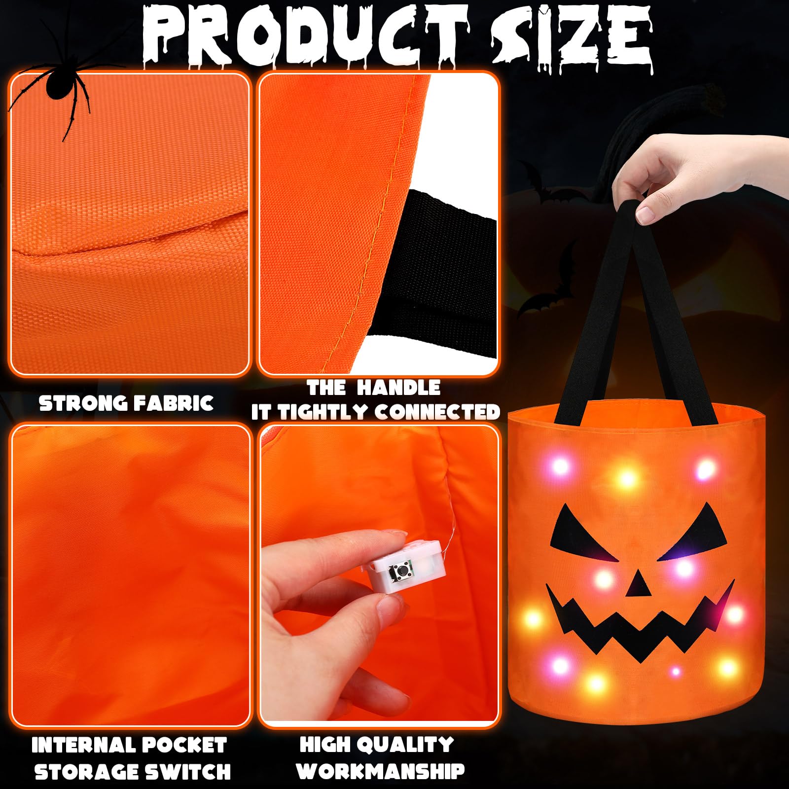 Yaomiao 4 Pcs LED Light Halloween Trick or Treat Bags Halloween Candy Bags Light Up Goodie Bags Light Up Candy Bags Multipurpose Reusable Goody Bucket for Kids Halloween Party Supplies (Orange)