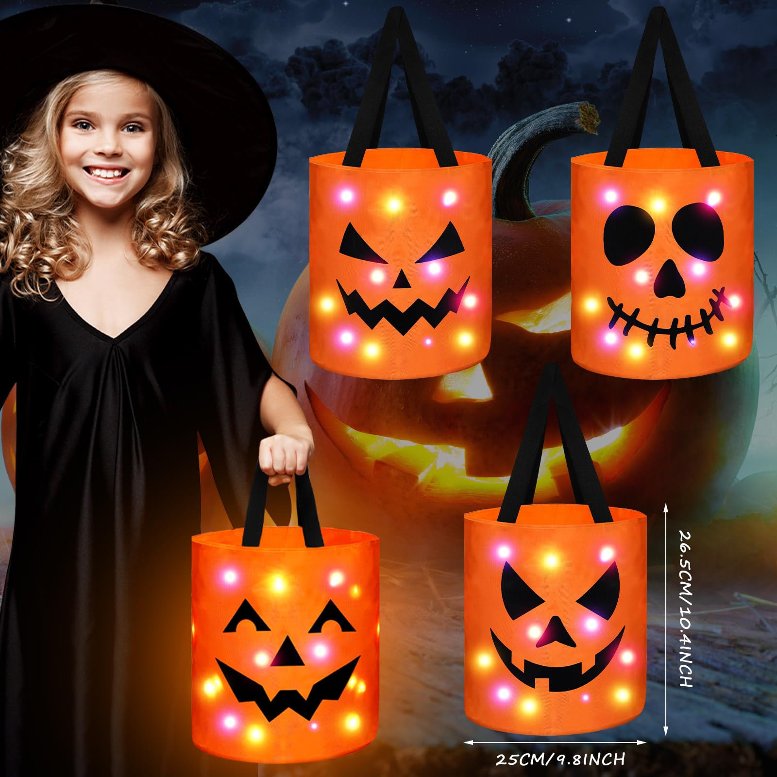 Yaomiao 4 Pcs LED Light Halloween Trick or Treat Bags Halloween Candy Bags Light Up Goodie Bags Light Up Candy Bags Multipurpose Reusable Goody Bucket for Kids Halloween Party Supplies (Orange)