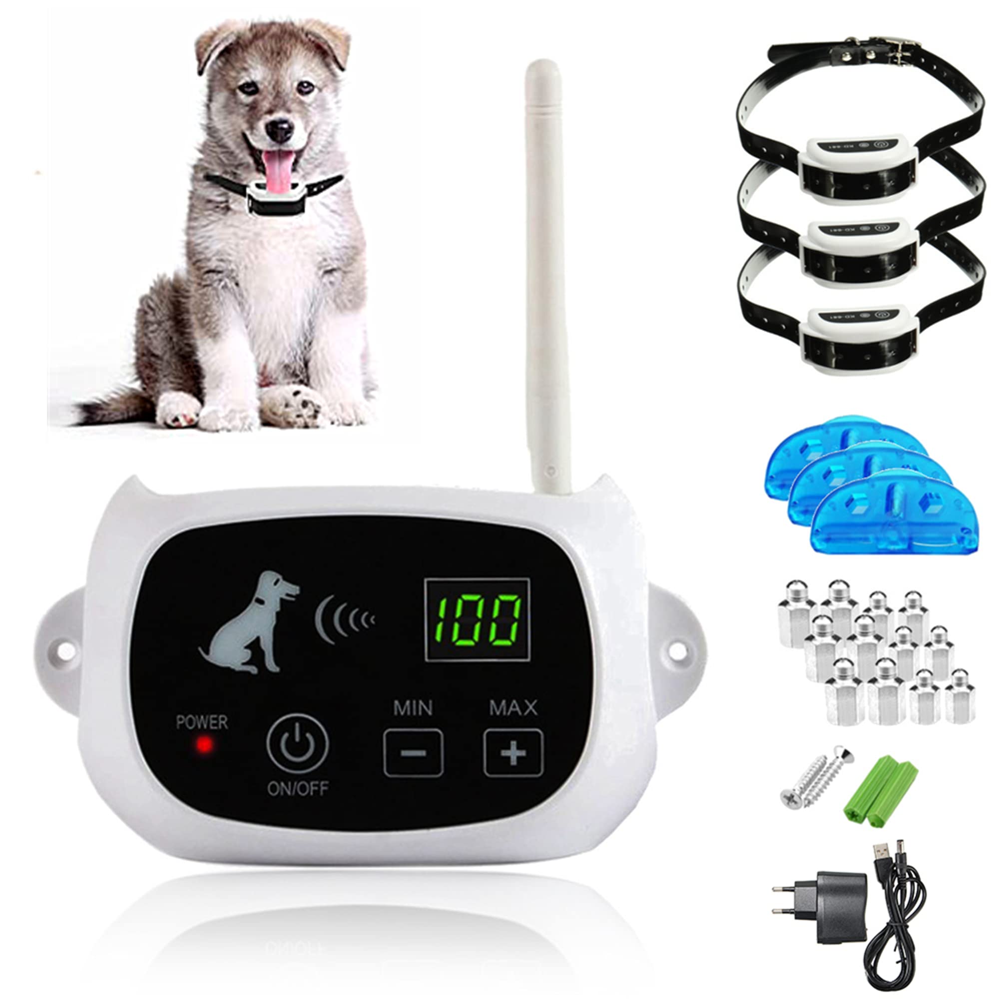 iMeshbean Electric Wireless Dog Fence, Pet Containment System Boundary Container with IP65 Waterproof Dog Training Collar Receiver, Adjustable Range Up to 1640ft (for 3 Dogs)