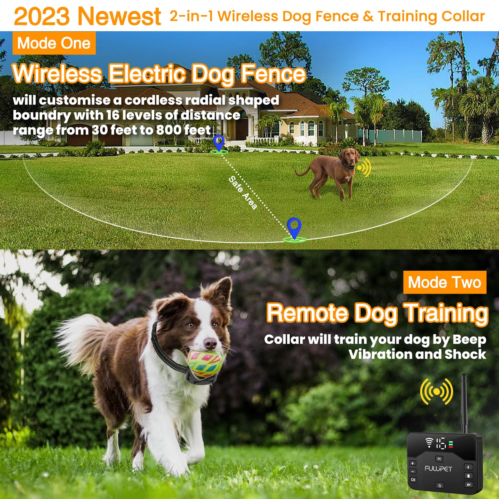 FULUPET Electric Fence for Dogs, 2-in-1 Wireless Dog Fence, Wireless Pet Containment System with Rechargeable Waterproof Training Collar, Electric Dog Collar Fence Wireless for Dogs