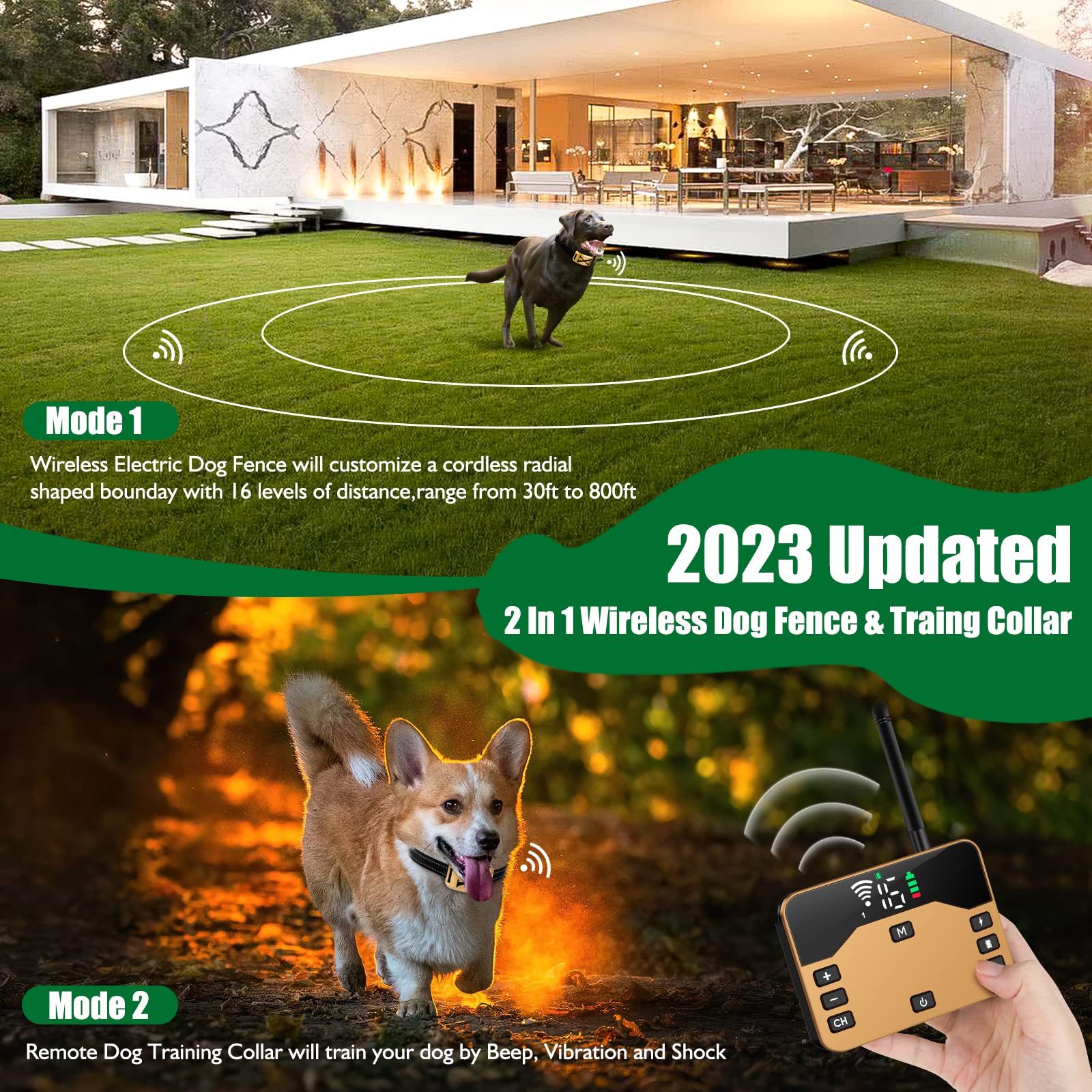 BHCEY Wireless Dog Fence, 2023 Electric Wireless Fence Training Collar with Remote 2-in-1, Pet Containment Fence System, Rechargeable Safe Dog Boundary, Adjustable collar for Small Medium Large Dogs