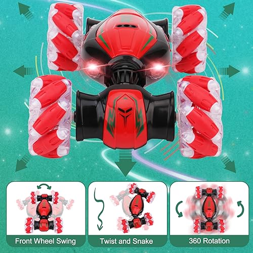 IQKidz Gesture Sensing RC Stunt Car - Christmas Red, Best Birthday Gifts for Kids 6-12, Hand Remote Control Double Side Twist Cars Toys with Light Music, 4 WD Drift Off Road for Rotation