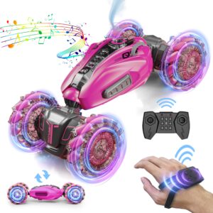 rc stunt car,2.4ghz 4wd remote control gesture sensing toy cars,double sided driving,360 °rotation,off road vehicle,hand controlled rc car with lights&music, birthday gifts for boys&girls(pink)