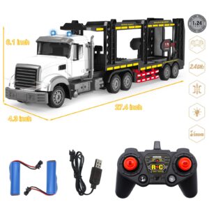 Fistone RC Transporter Truck, 1:24 Mini Semi Truck Toy with 2 Rechargeable Batteries, Remote Control Construction Vehicles with Lights, Carrier Car Truck Vehicle Toy for 6+ Years Boys Girls