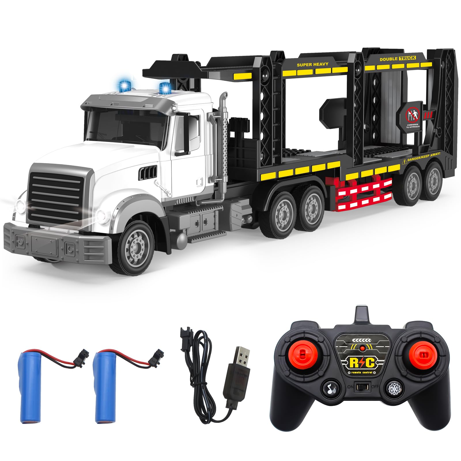 Fistone RC Transporter Truck, 1:24 Mini Semi Truck Toy with 2 Rechargeable Batteries, Remote Control Construction Vehicles with Lights, Carrier Car Truck Vehicle Toy for 6+ Years Boys Girls