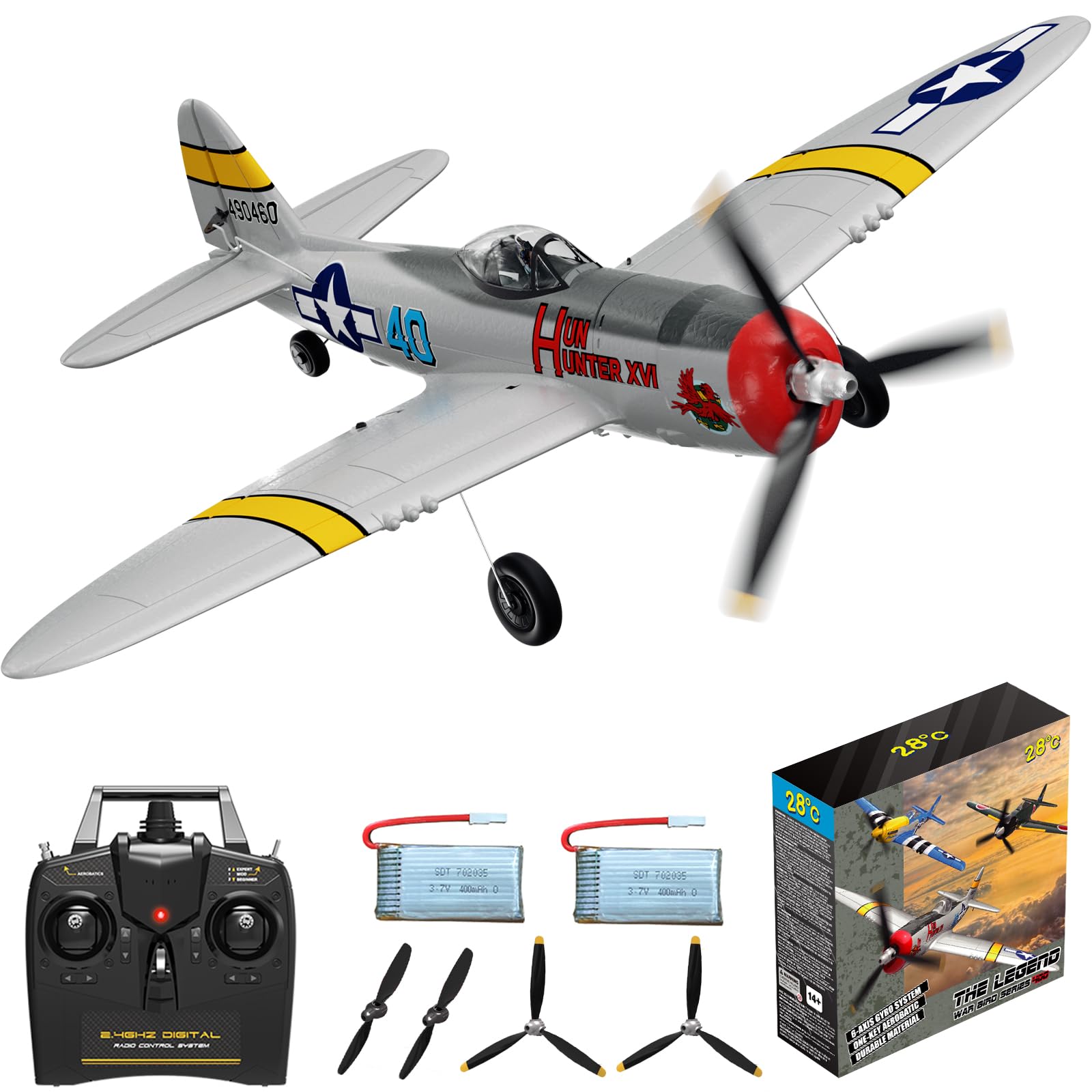 28°C Remote Control Airplanes, 4-CH RC Plane Ready to Fly P47 Radio Controlled Aircraft for Beginners with Xpilot Stabilization System, One Key Aerobatic Airplane(76116 RTF)