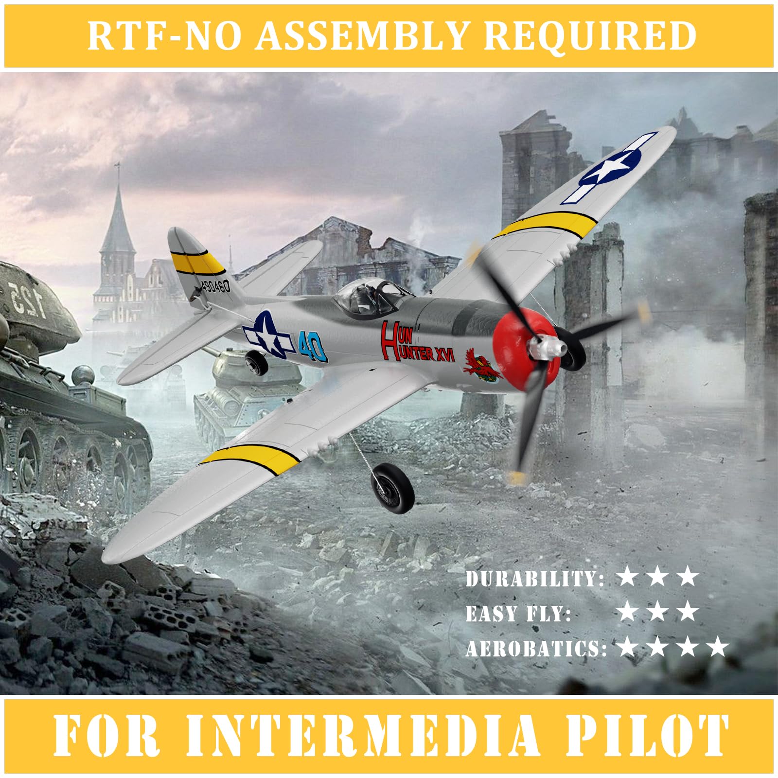 28°C Remote Control Airplanes, 4-CH RC Plane Ready to Fly P47 Radio Controlled Aircraft for Beginners with Xpilot Stabilization System, One Key Aerobatic Airplane(76116 RTF)