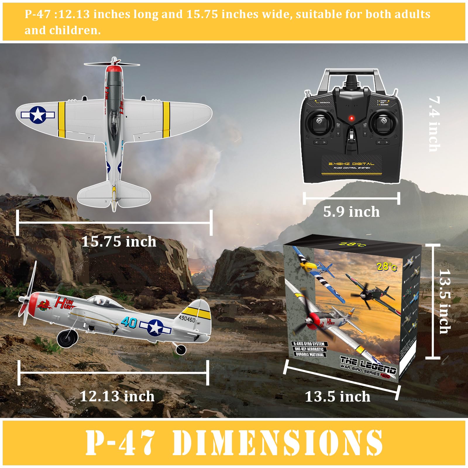 28°C Remote Control Airplanes, 4-CH RC Plane Ready to Fly P47 Radio Controlled Aircraft for Beginners with Xpilot Stabilization System, One Key Aerobatic Airplane(76116 RTF)