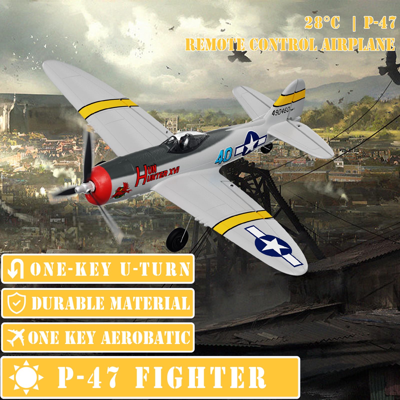 28°C Remote Control Airplanes, 4-CH RC Plane Ready to Fly P47 Radio Controlled Aircraft for Beginners with Xpilot Stabilization System, One Key Aerobatic Airplane(76116 RTF)