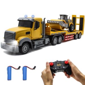 fistone rc semi truck with trailer, 1:24 rc semi-trailer engineering tractor with sound and lights, 2.4ghz remote control flatbed truck with road roller toys, construction vehicles toy for boys