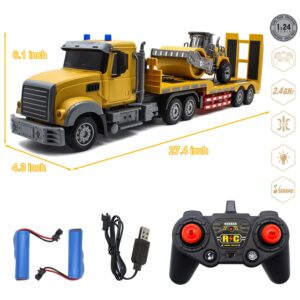 Fistone RC Semi Truck with Trailer, 1:24 RC Semi-Trailer Engineering Tractor with Sound and Lights, 2.4Ghz Remote Control Flatbed Truck with Road Roller Toys, Construction Vehicles Toy for Boys