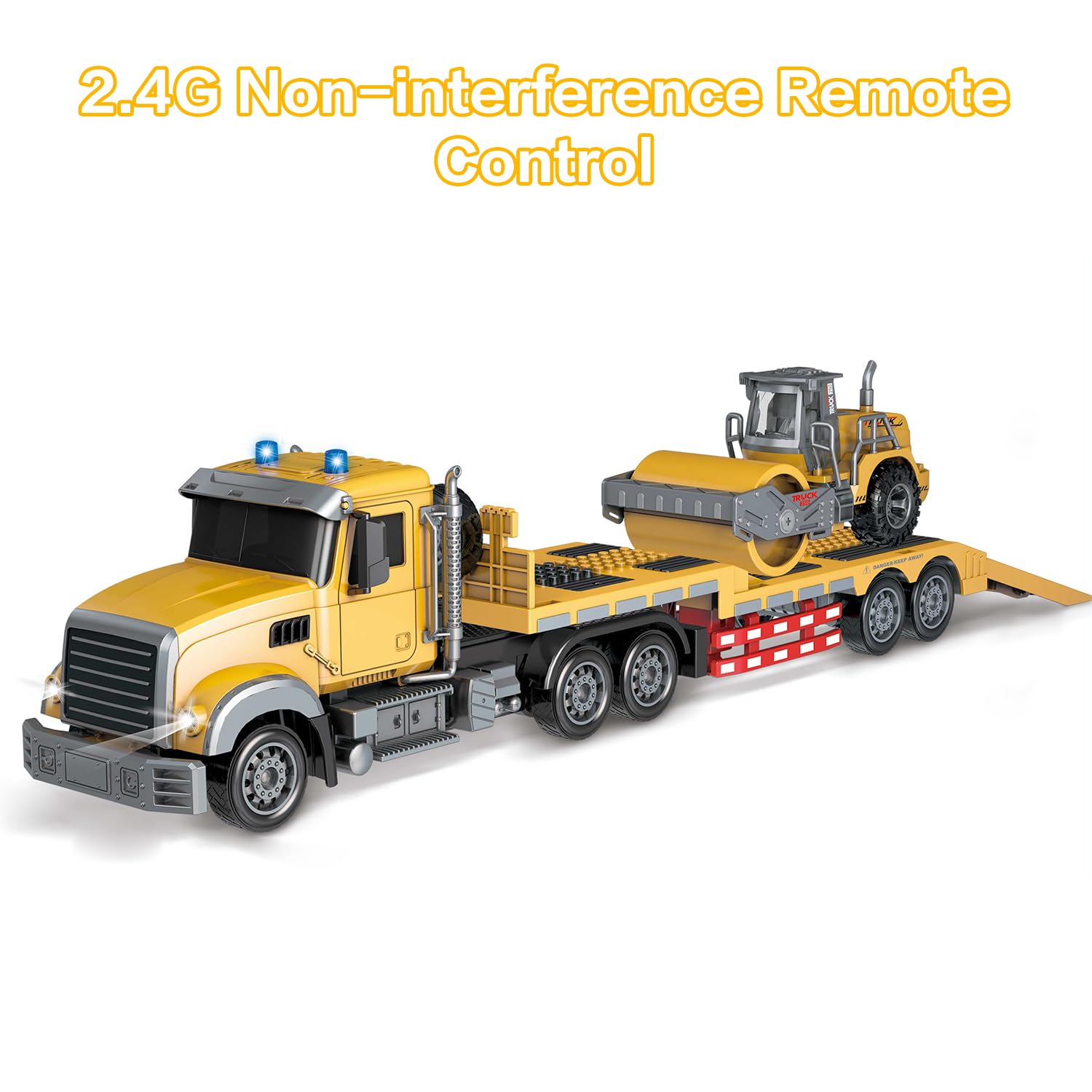 Fistone RC Semi Truck with Trailer, 1:24 RC Semi-Trailer Engineering Tractor with Sound and Lights, 2.4Ghz Remote Control Flatbed Truck with Road Roller Toys, Construction Vehicles Toy for Boys