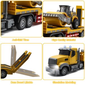 Fistone RC Semi Truck with Trailer, 1:24 RC Semi-Trailer Engineering Tractor with Sound and Lights, 2.4Ghz Remote Control Flatbed Truck with Road Roller Toys, Construction Vehicles Toy for Boys