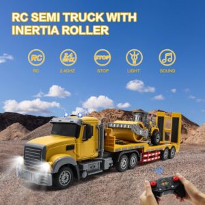 Fistone RC Semi Truck with Trailer, 1:24 RC Semi-Trailer Engineering Tractor with Sound and Lights, 2.4Ghz Remote Control Flatbed Truck with Road Roller Toys, Construction Vehicles Toy for Boys