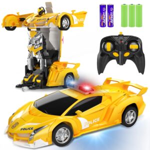 fdj remote control car - 2 in 1 transform car robot, one button deformation to robot with flashing lights, 1:18 scale transforming car, 360 degree rotating drifting toys for 5+ year old boys